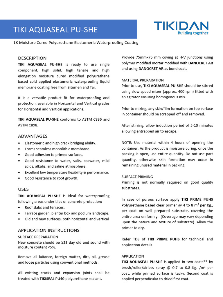 Tikidan Tds - Tiki Aquaseal Pu-She, r9 | PDF | Concrete | Polyurethane