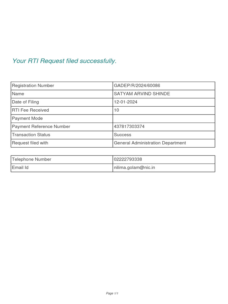 Successful RTI Request Confirmation | PDF | Finance & Money Management | Law