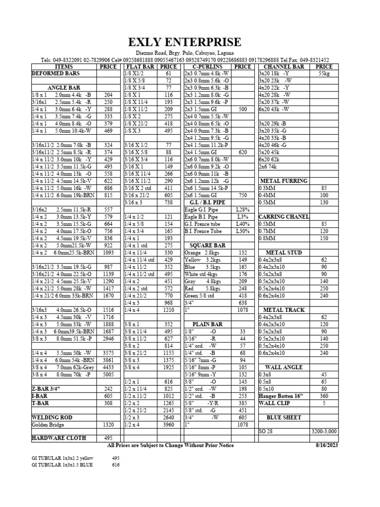 Exly Enterprises Price List 2023 | PDF | Materials | Building Materials