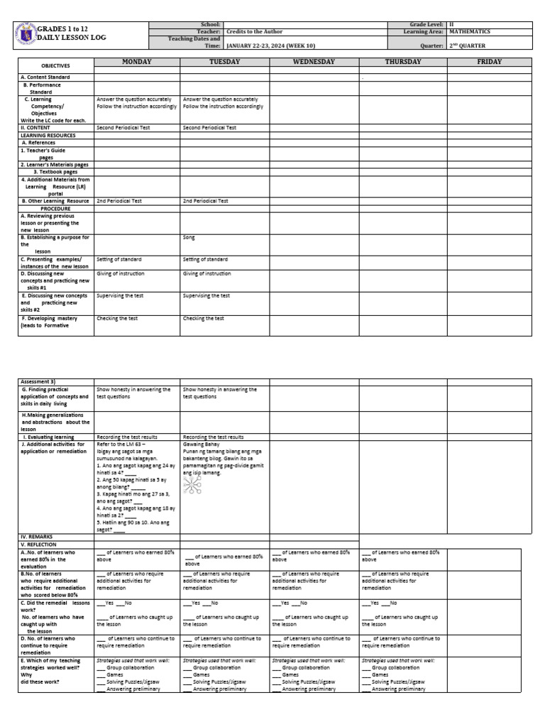 DLL - Mathematics 2 - Q2 - W10 | PDF | Cognition | Learning