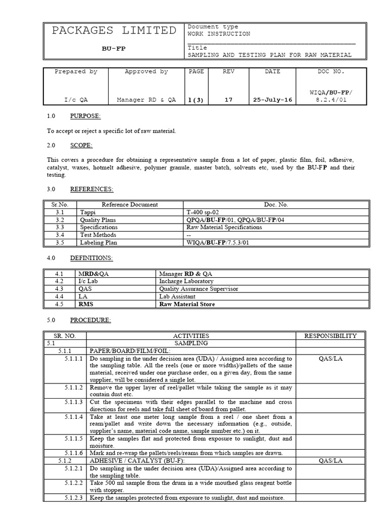 Sampling and Testing Plan For Raw Material | PDF | Quality Assurance ...