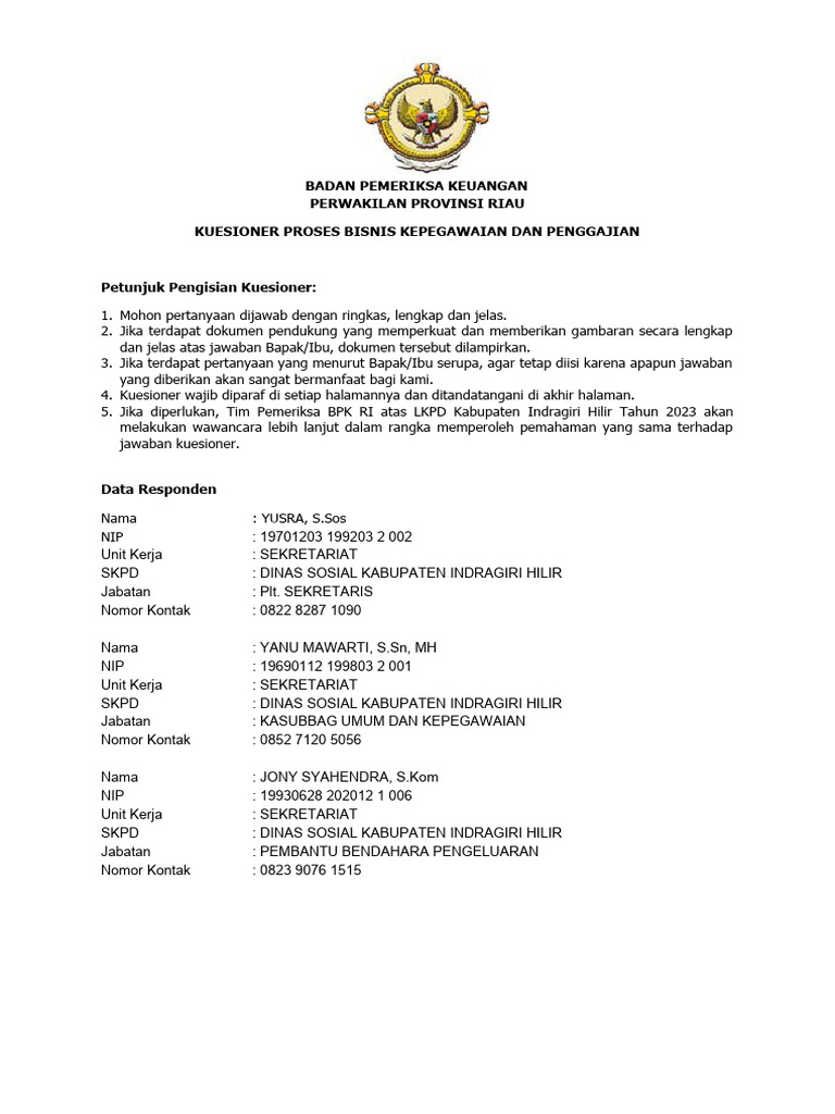 Lampiran - Form Kuesioner Kepegawaian Dan Penggajian (1) - 1 | PDF | Pengelolaan Keuangan & Uang