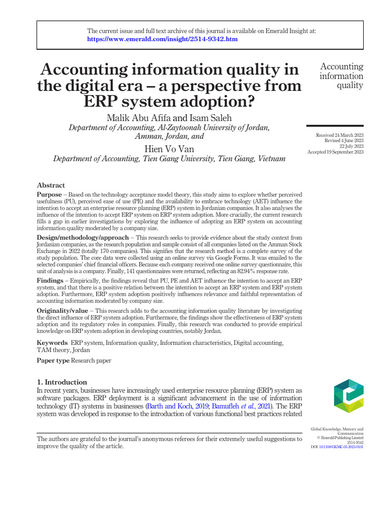 Accounting Information Quality In The Digital Era A Perspective From Erp System Adoption Pdf