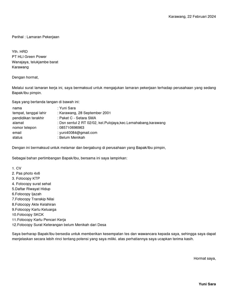 Surat Lamaran Kerja Yuni Sara-2 | PDF