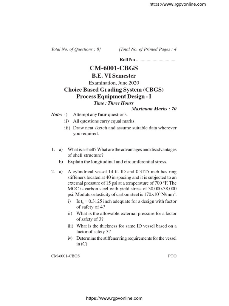 Process Equipment Design Exam Questions | PDF | Pressure | Strength Of ...