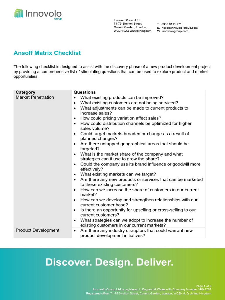 Ansoff Matrix Checklist | PDF | Financial Economics | Investing