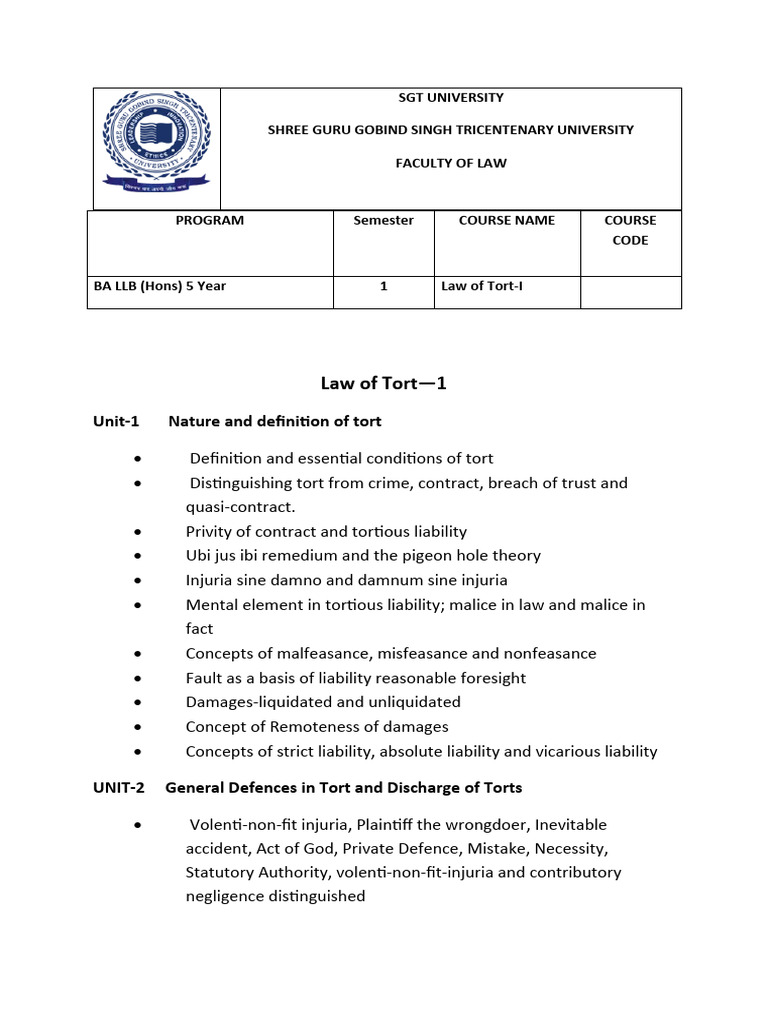 Law of Tort | PDF | Tort | Negligence