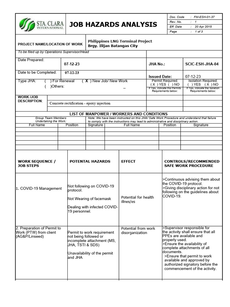JHA Concrete Rectification - Epoxy Injection | PDF | Personal Protective Equipment | Injury