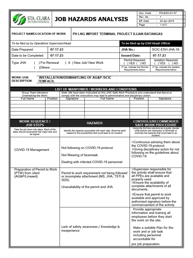 Job Hazards Analysis - REVISED Temfacil | Download Free PDF | Personal ...