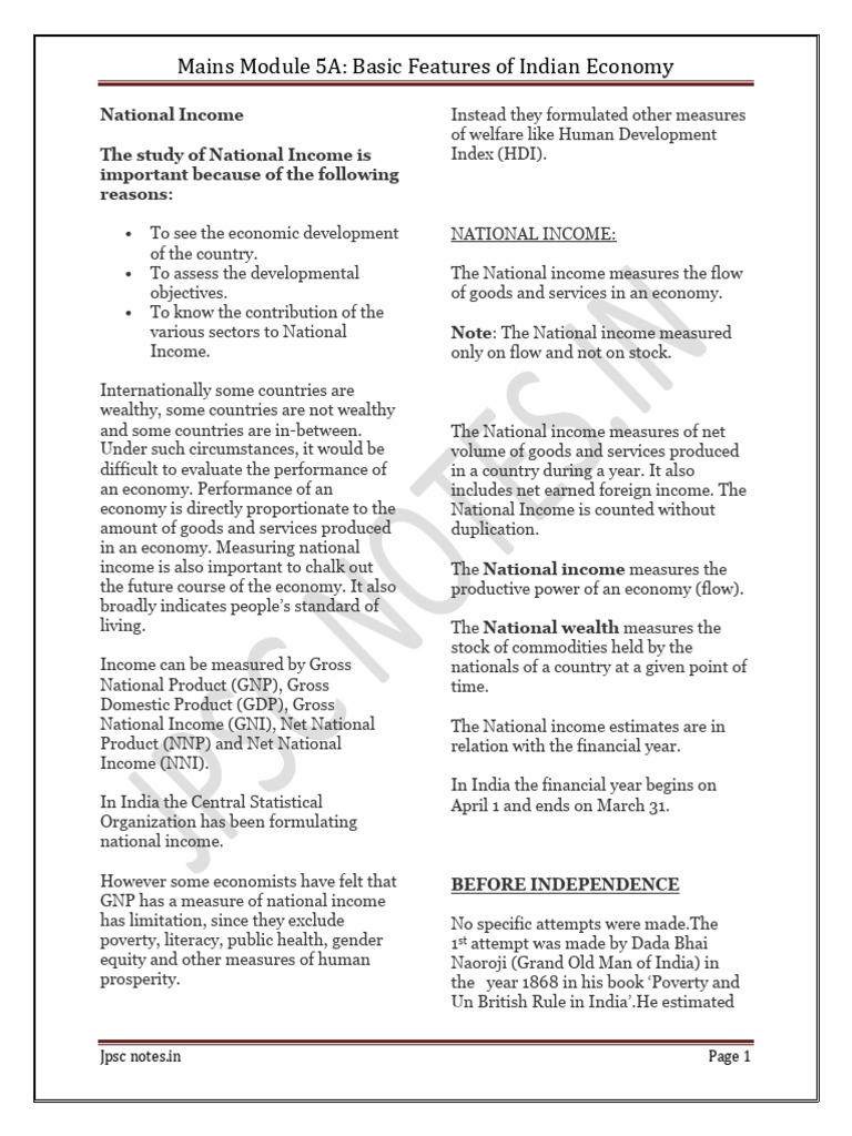 5. Mains Module 5A Basic Features of Indian Economy | PDF