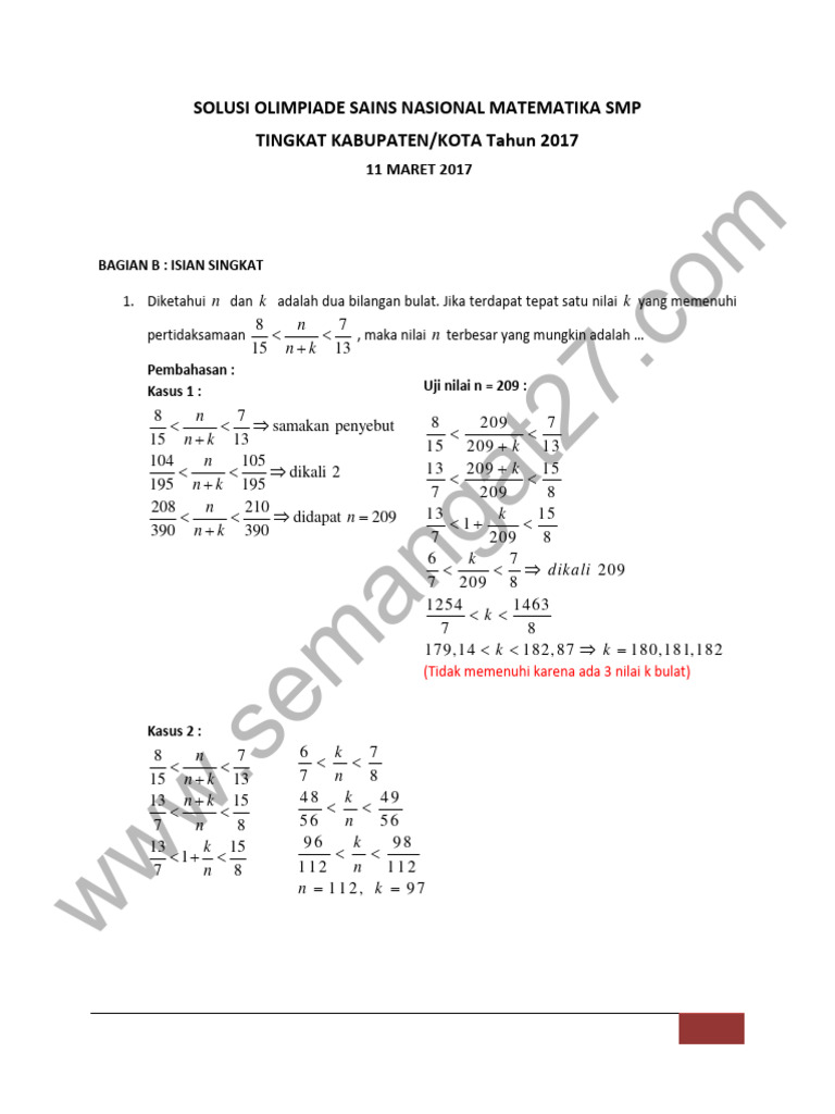 Jawaban Secara Rinci Soal OSN Matematika SMP Tingkat KabupatenKota 2017 (Semangat27.Com) | PDF