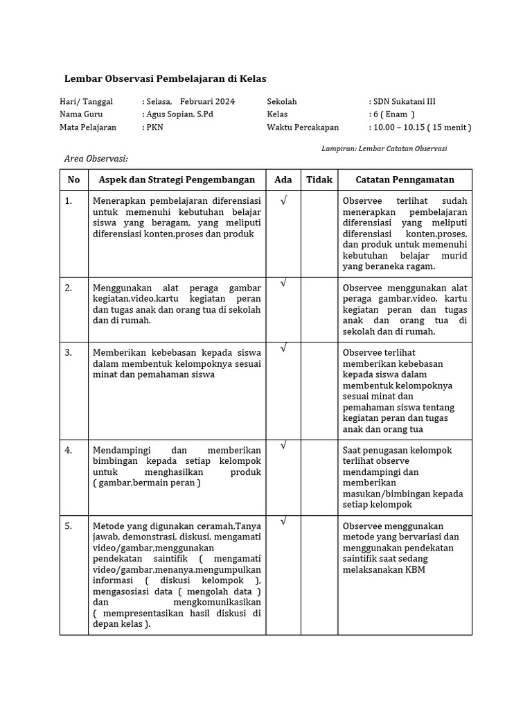 Observasi Pembelajaran Diferensiasi PKN | PDF