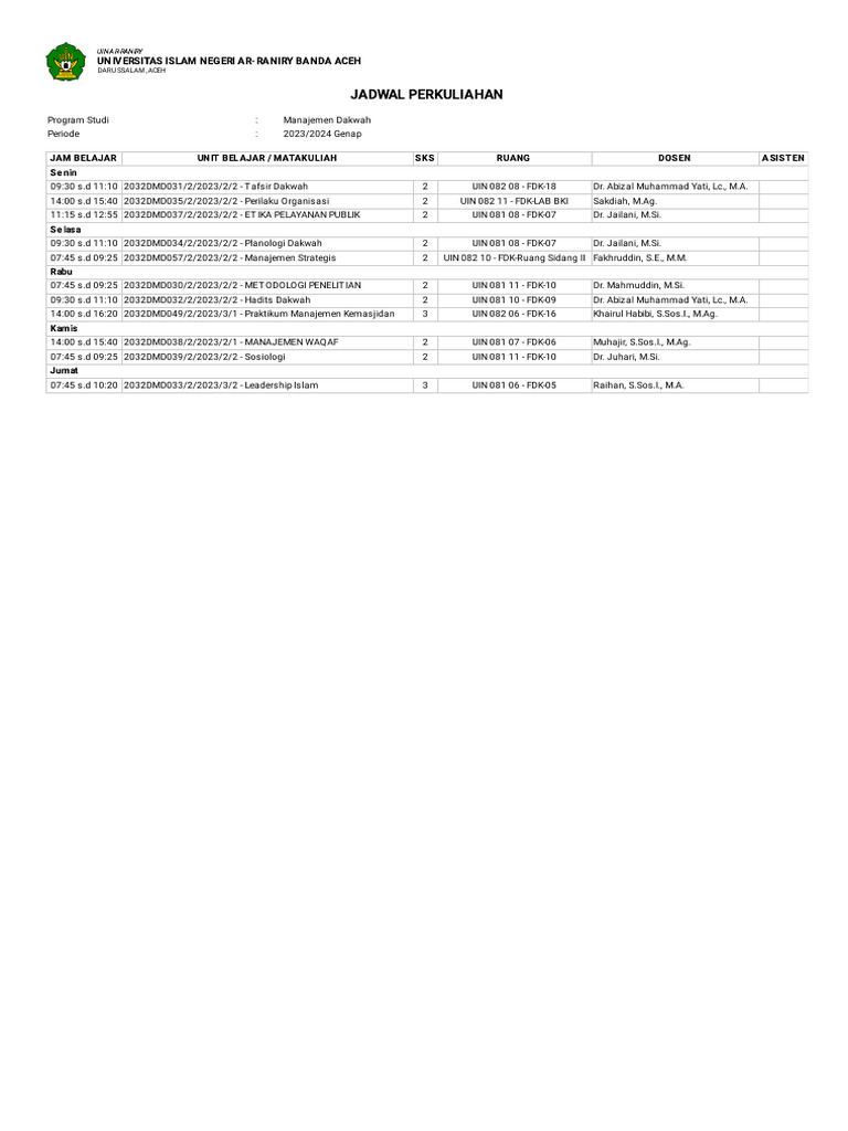 Roster Jadwal Perkuliahan (Amel) | PDF | Science & Mathematics | Technology & Engineering