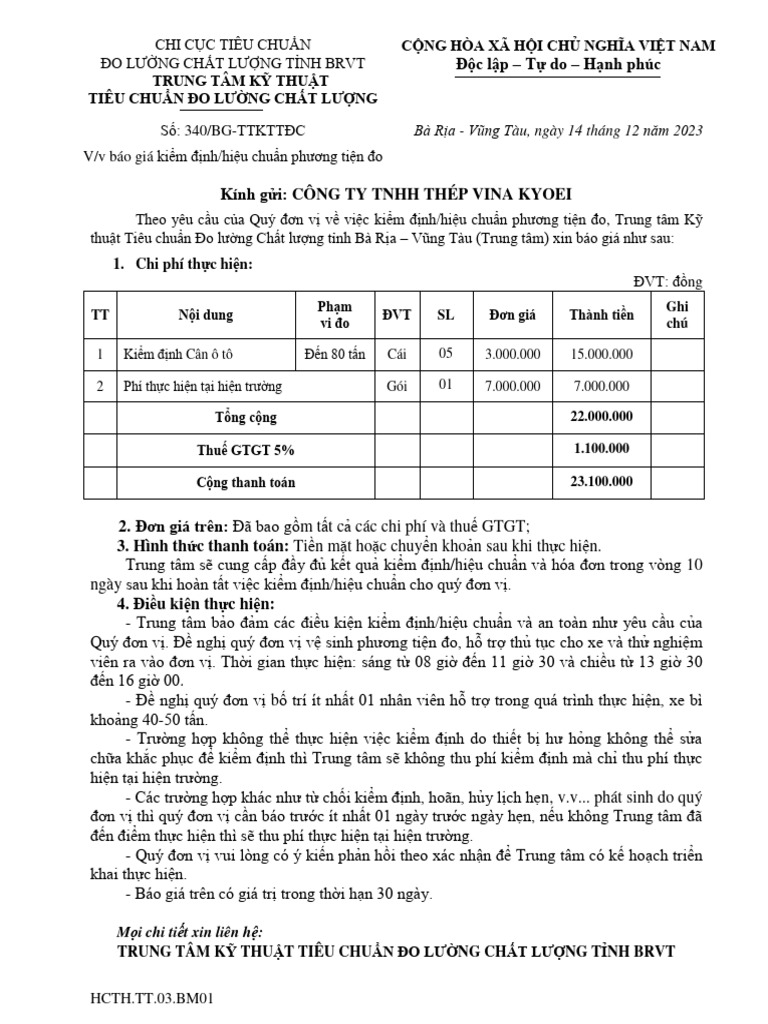 Báo Giá COT CTY Vina Kyoei 14122023 | PDF