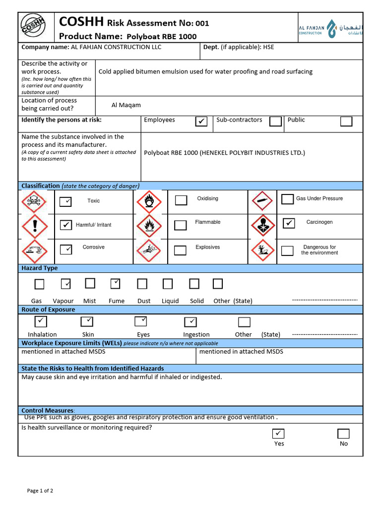 COSHH Assessment for Polycoat RBE 1000 | PDF | Personal Protective ...