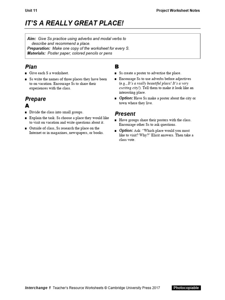Interchange5thEd Level1 Unit11 Project Worksheet | PDF