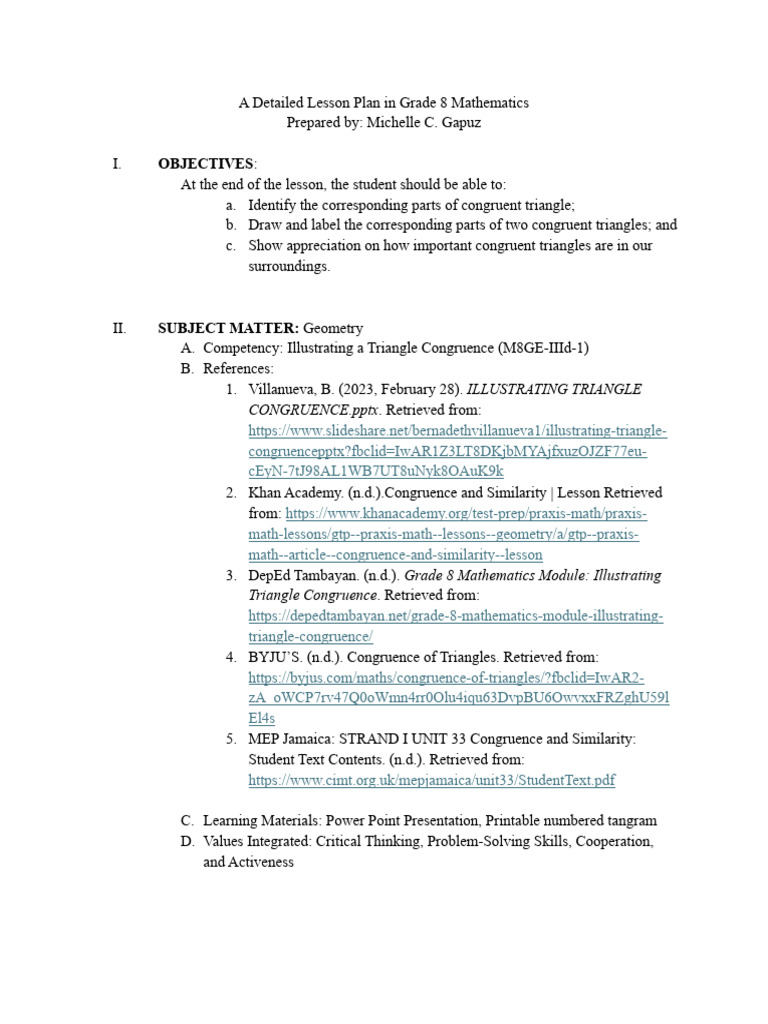 A Detailed Lesson Plan in Grade 8 Mathematics (Chelle) | PDF | Cognition | Behavior Modification