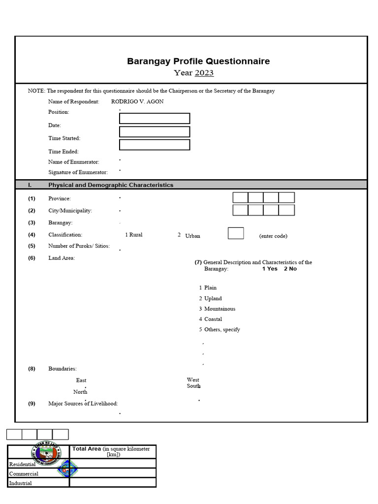 Barangay Profile Questionnaire FINAL | PDF | Road | Waste