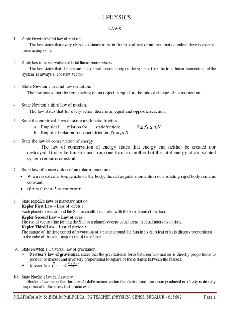 +1 Phy (Em) Law Questions & 3 Mark Questions | PDF | Second Law Of Thermodynamics | Laws Of ...