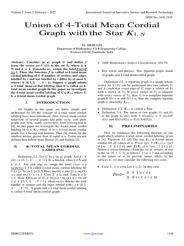 Union of 4-Total Mean Cordial Graph With The Star K1, N | PDF | Vertex ...