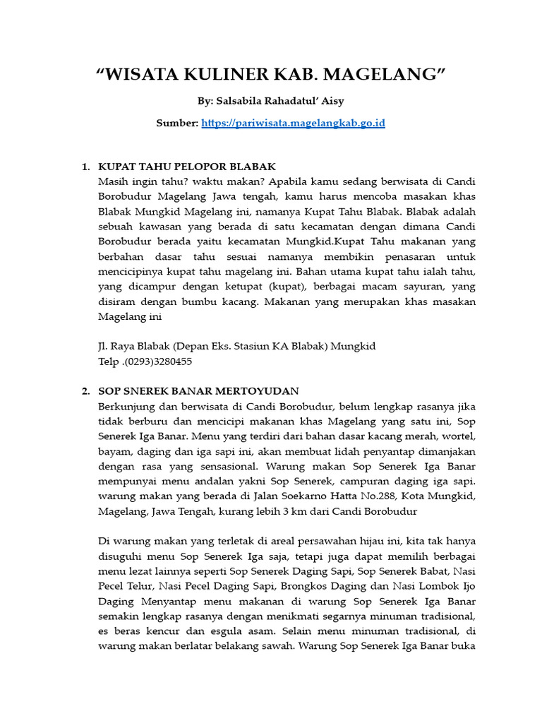 Wisata Kuliner Kab. Magelang | PDF