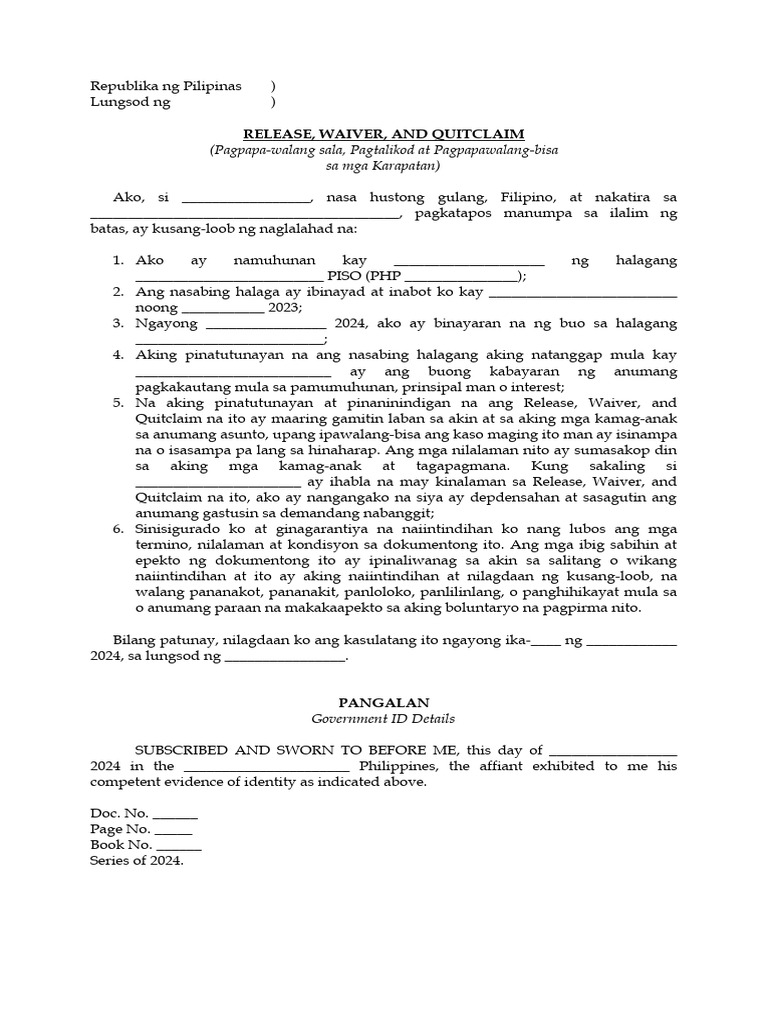Waiver and Quitclaim Tagalog V2 | PDF