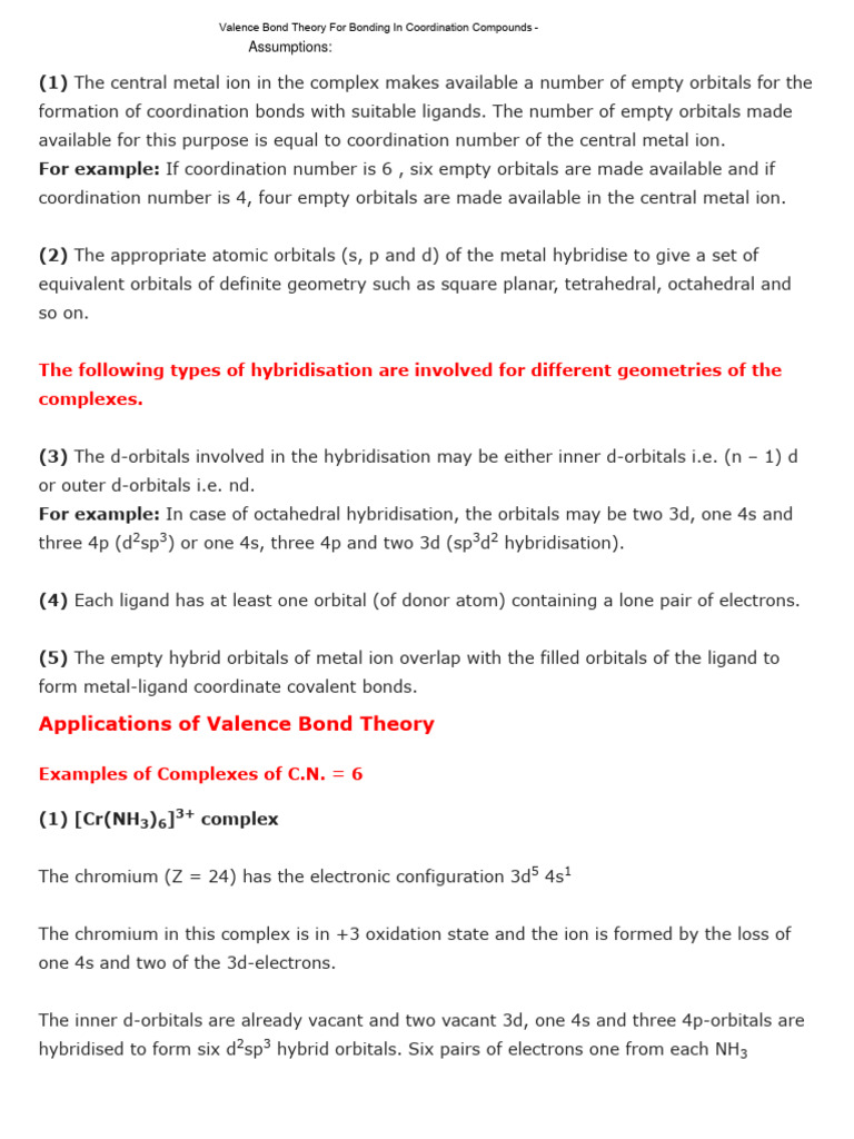 Valence Bond Theory for Bonding in Coordination Compounds - Chemistry, Class 12, Coordination ...