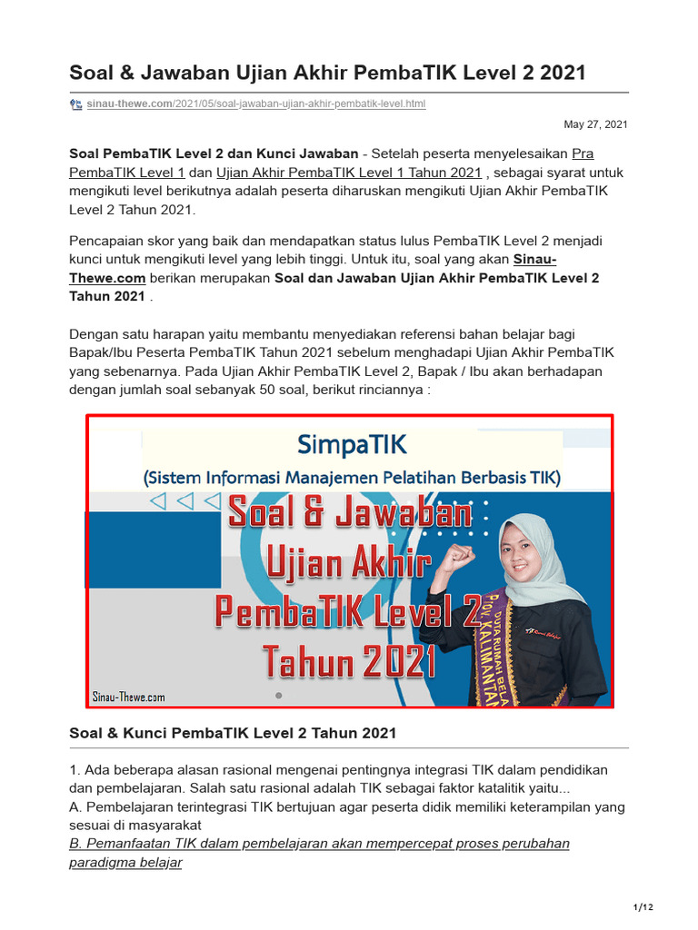 Soal Dan Jawaban Ujian Akhir PembaTIK Level 2 2021 | PDF