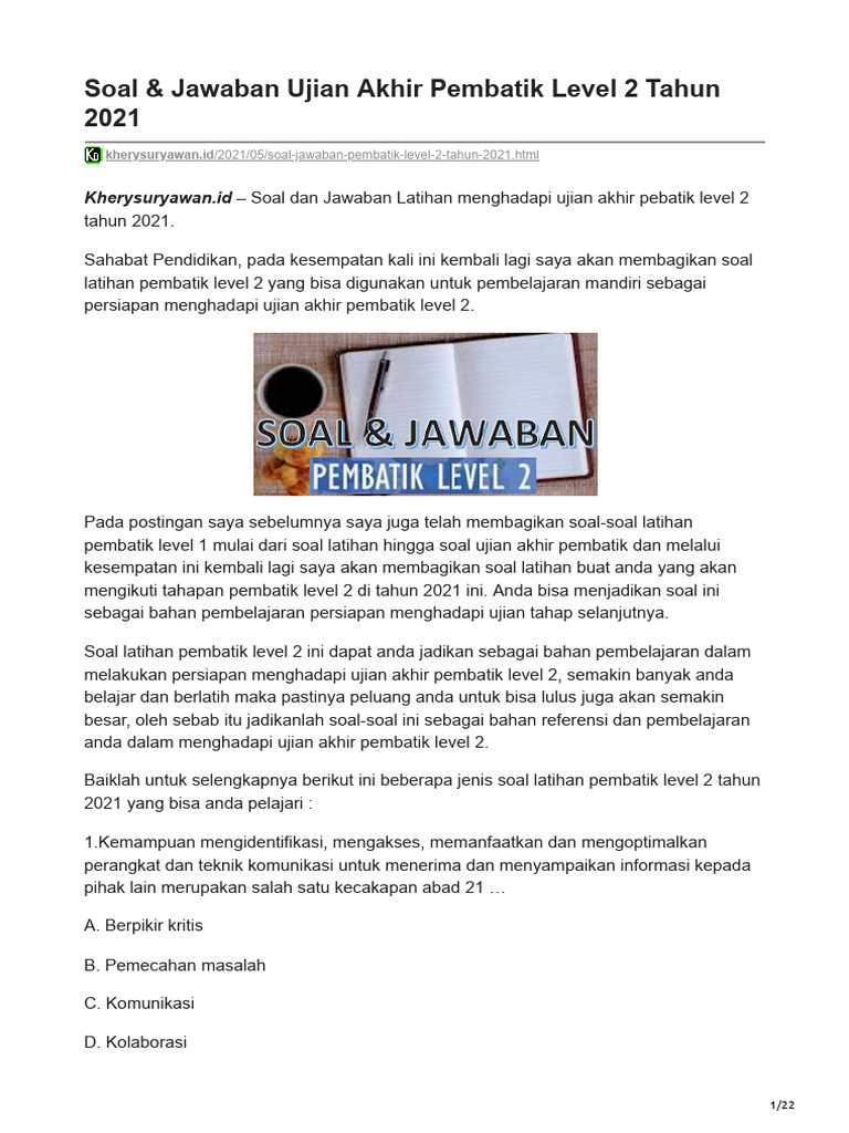 Soal Dan Jawaban Ujian Akhir Pembatik Level 2 Tahun 2021 | PDF