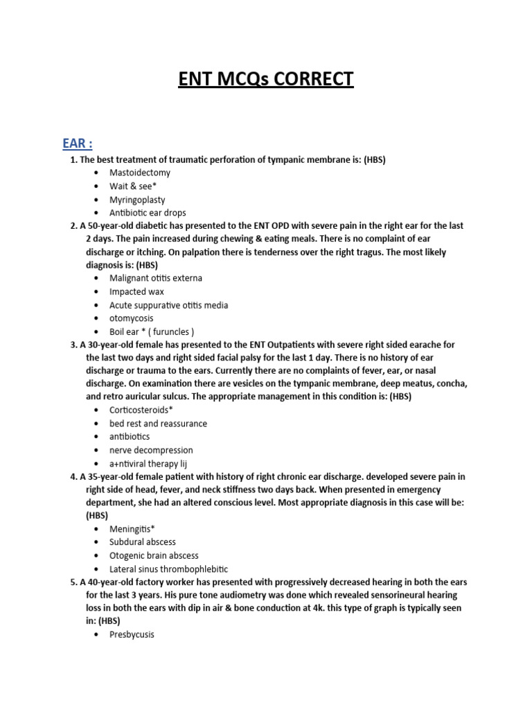 Ent Mcqs Correct Final | PDF | Ear | Hearing