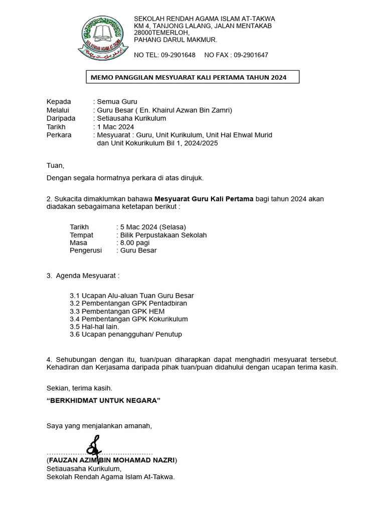Contoh Memo Panggilan Mesyuarat Bil 1 2024-1 | PDF