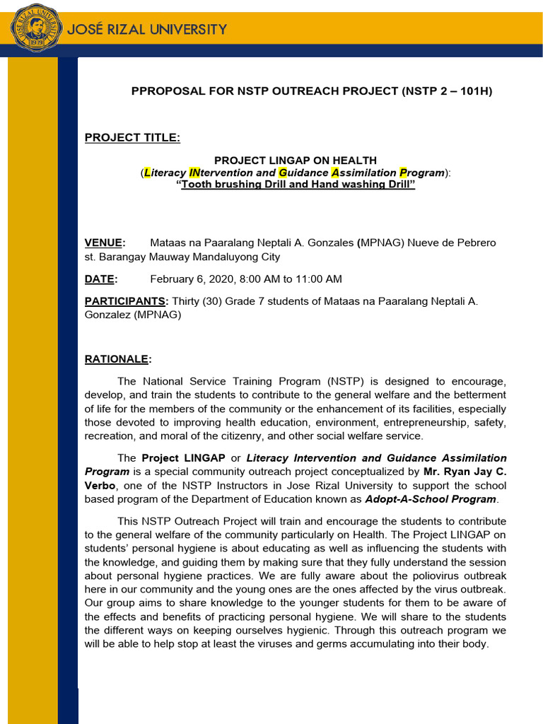 Sample Project Proposal - Handwashing and Toothbrushing Drill | PDF ...