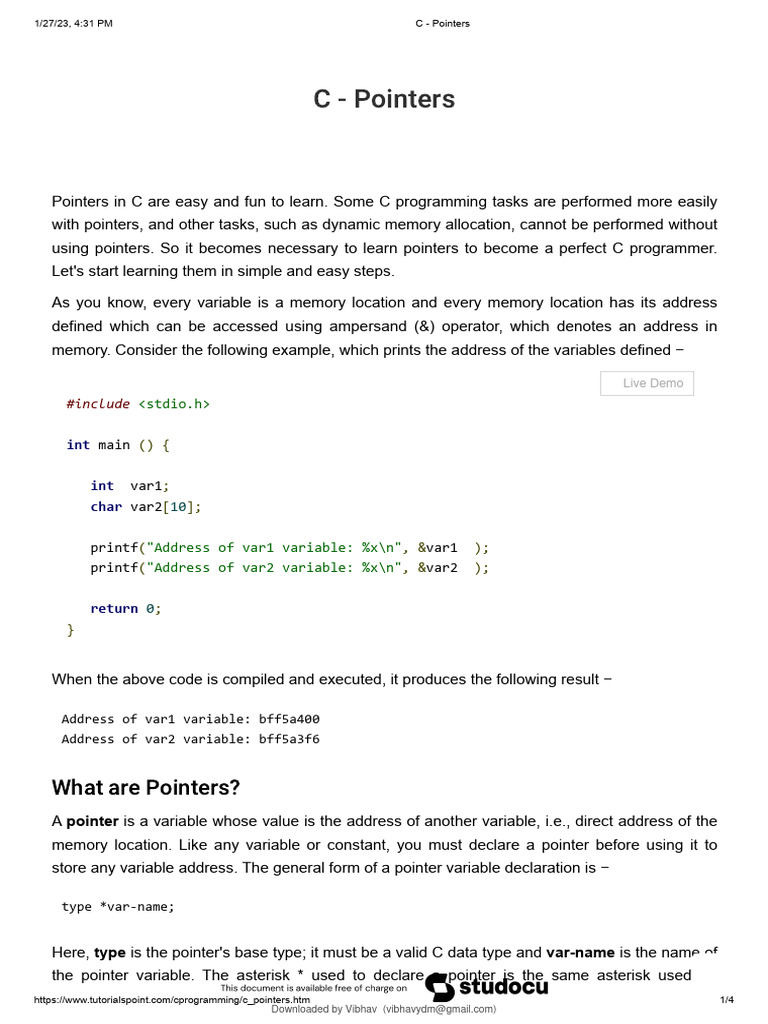 C Pointers Pdf Pointer Computer Programming Variable Computer Science