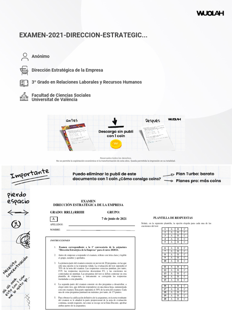 Wuolah Free EXAMEN 2021 DIRECCION ESTRATEGICA DE LA EMPRESA | PDF | Business | Mercado (economía)