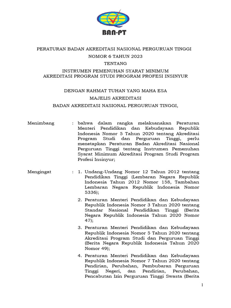 Peraturan BANPT Nomor 6 Tahun 2023 | PDF