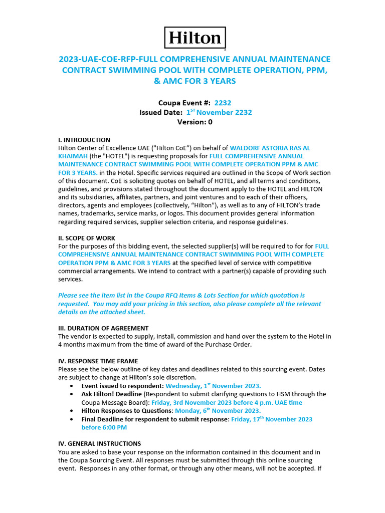 RFP Terms Conditions Swimming Pool AMC For 3 Years | PDF | Request For ...