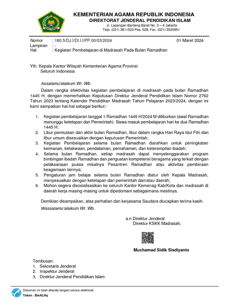 Pembelajaran Di Madrasah Pada Bulan Ramadhan 1445 H 2024 - Rev | PDF