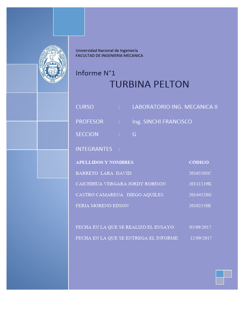 Informe Turbina - Pelton Uni | PDF | Turbina | Física Aplicada e Interdisciplinaria