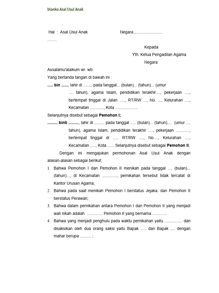 Permohonan Asal Usul Anak di Pengadilan | PDF