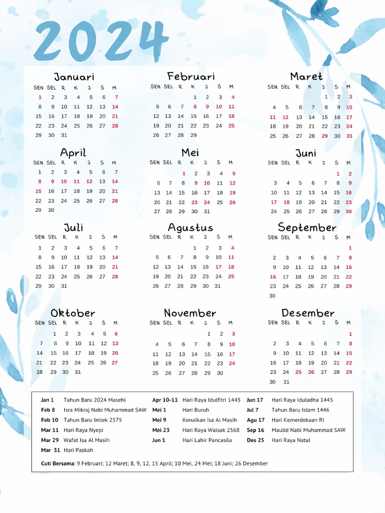 5 2024 Kalender Indonesia Watercolor Blue | PDF