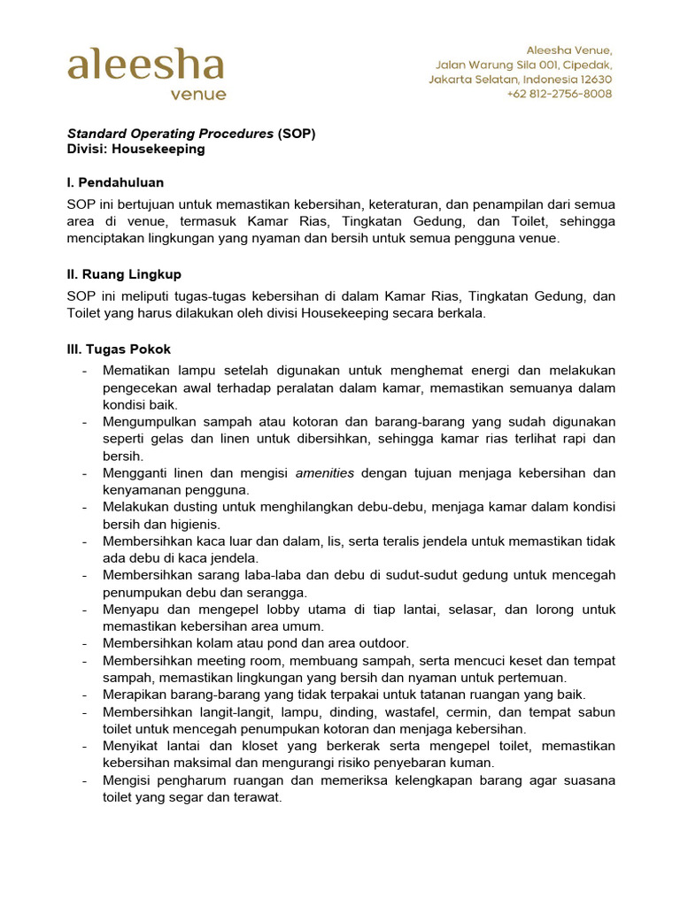 SOP Housekeeping | PDF
