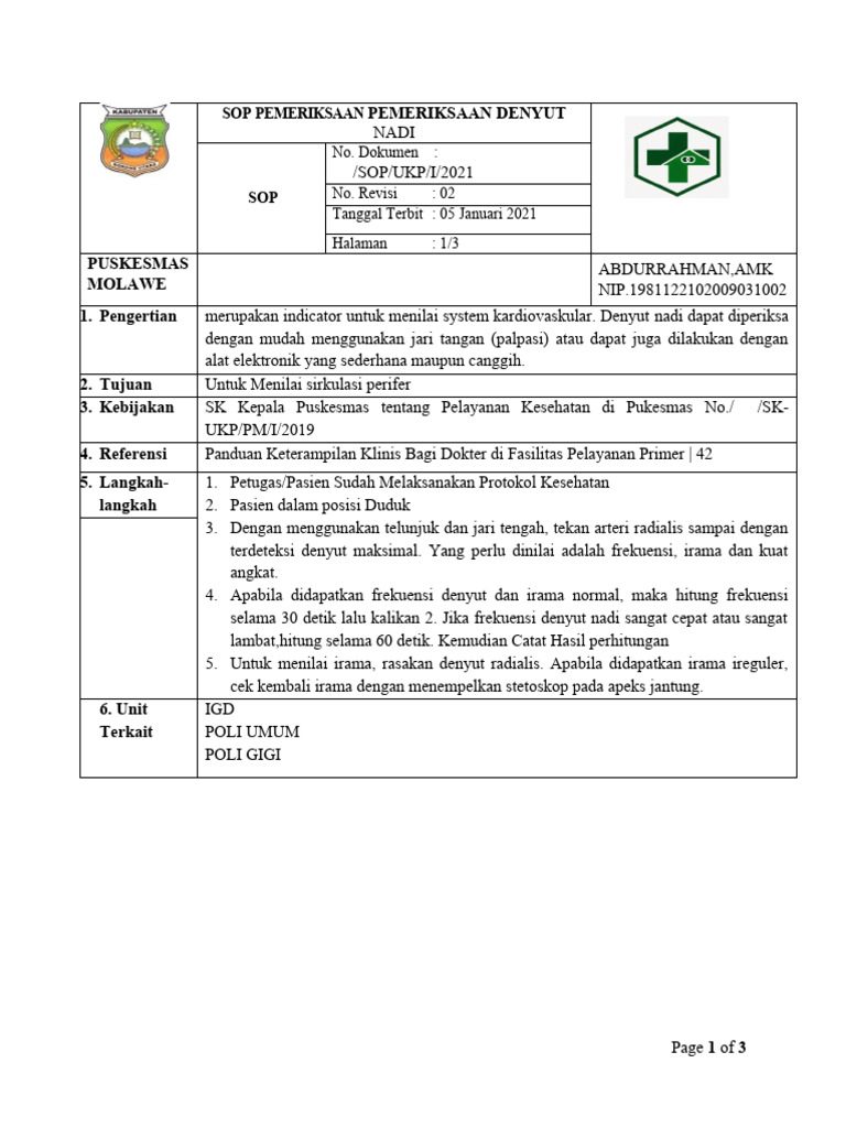 SOP Pengukuran Denyut Nadi Puskesmas | PDF | Sains & Matematika