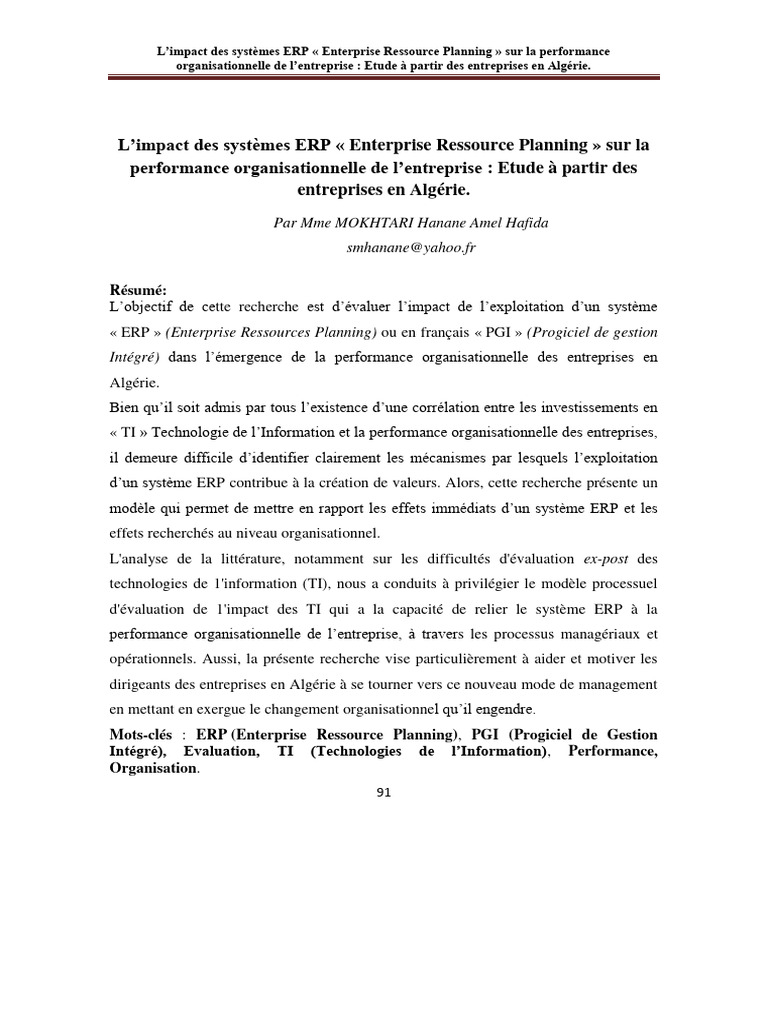 Impact des ERP sur la performance en Algérie | PDF | Progiciel de ...