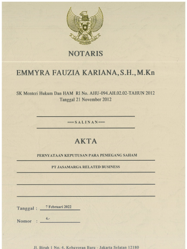 Akta Pernyataan Keputusan RUPS Di Luar RUPS (Sirkuler) No. 4 Tanggal 07 ...