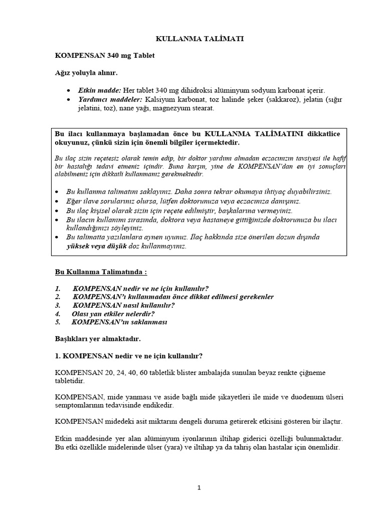 Kompensan 340 MG Tablet - Kullanma Talimati | PDF