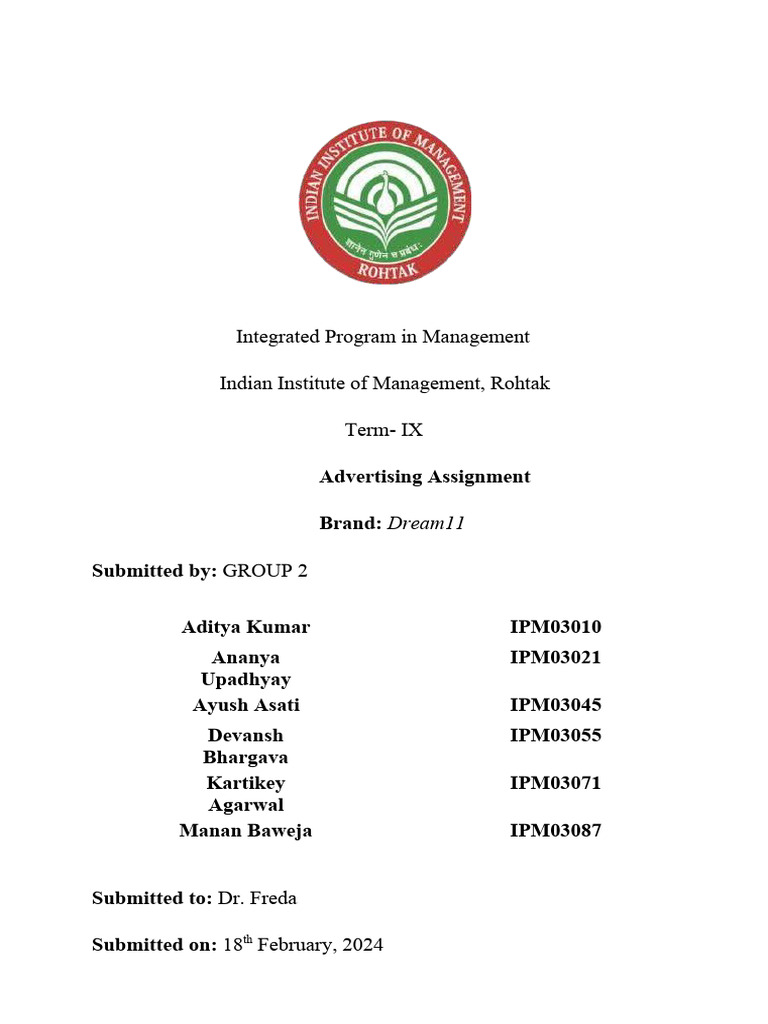Group2 Advertising Assignment Dream11 | Download Free PDF | Target Audience | Sports