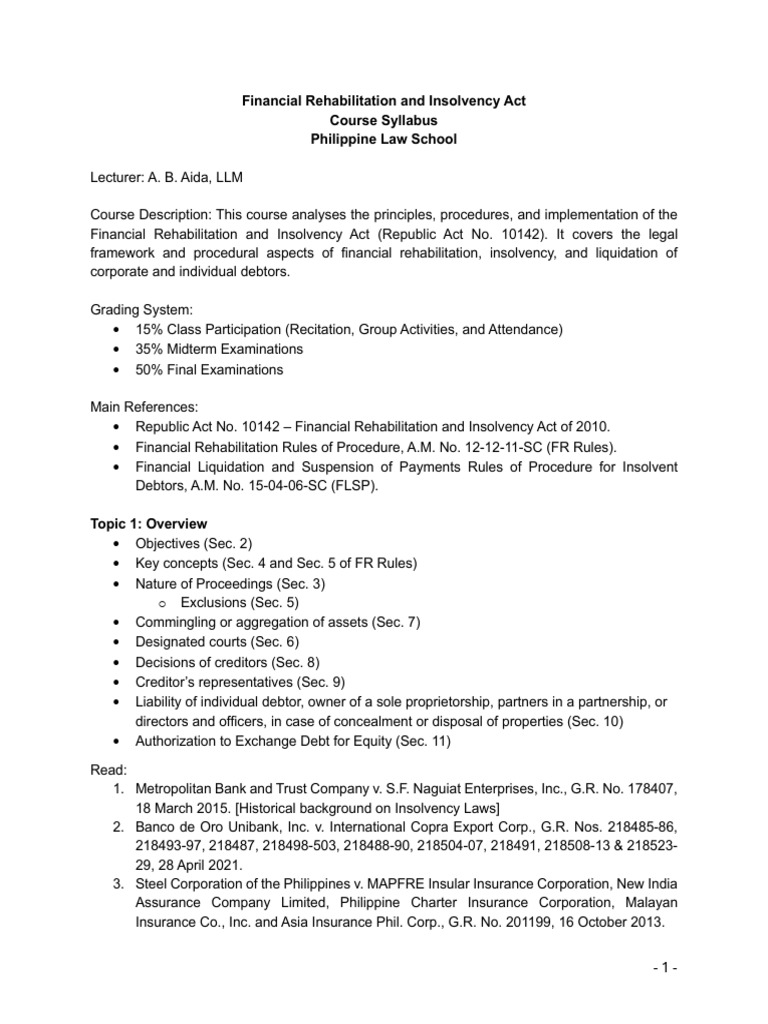 PLS - FRIA Syllabus | PDF | Liquidation | Bankruptcy