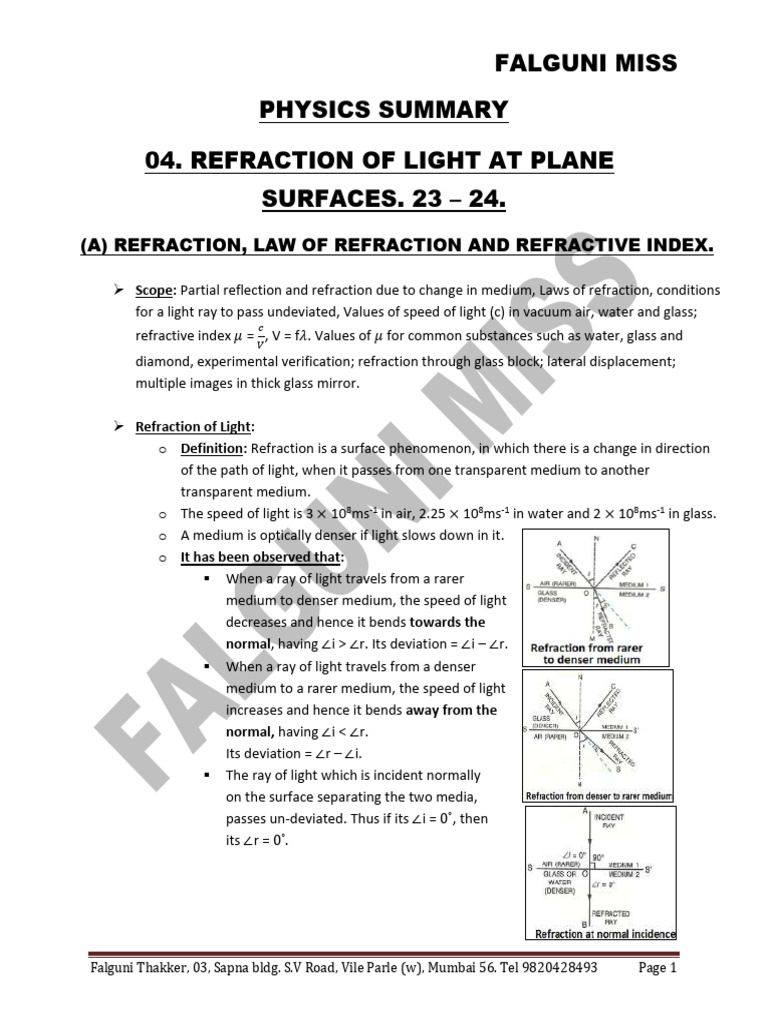 Class 10 Refraction of Light Notes | PDF