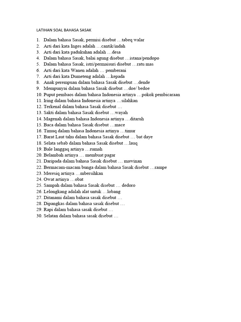 LATIHAN SOAL BAHASA SASAK Jawab | PDF
