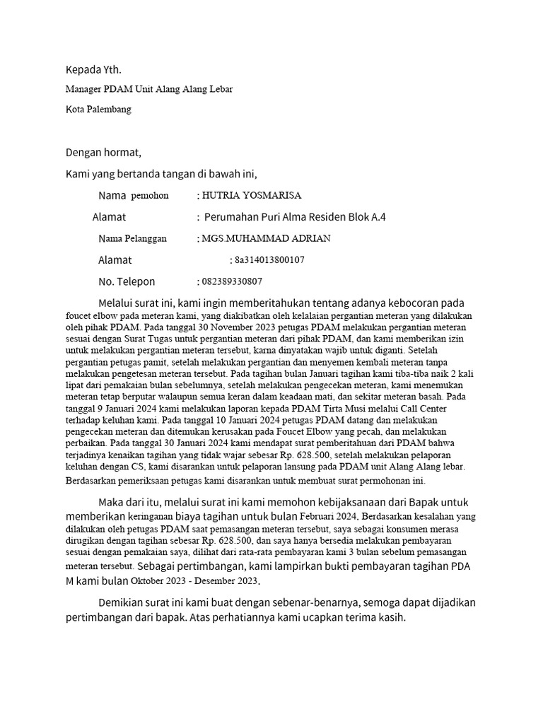 Surat Permohonan Keringanan PDAM | PDF